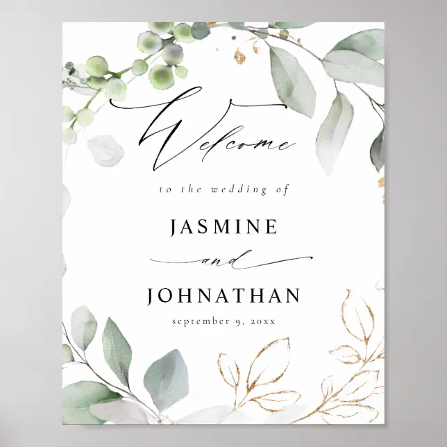 Eucalyptus Glow Gold Greenery Welcome Sign Poster | Zazzle