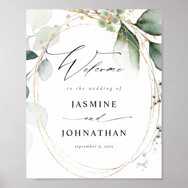 Eucalyptus Glow Gold Greenery Welcome Sign Poster2 | Zazzle