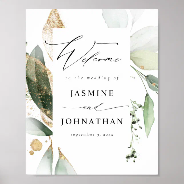 Eucalyptus Glow Gold Greenery Welcome Sign Poster3 | Zazzle