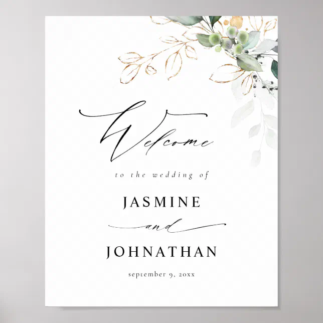 Eucalyptus Glow Gold Greenery Welcome Sign Poster4 | Zazzle