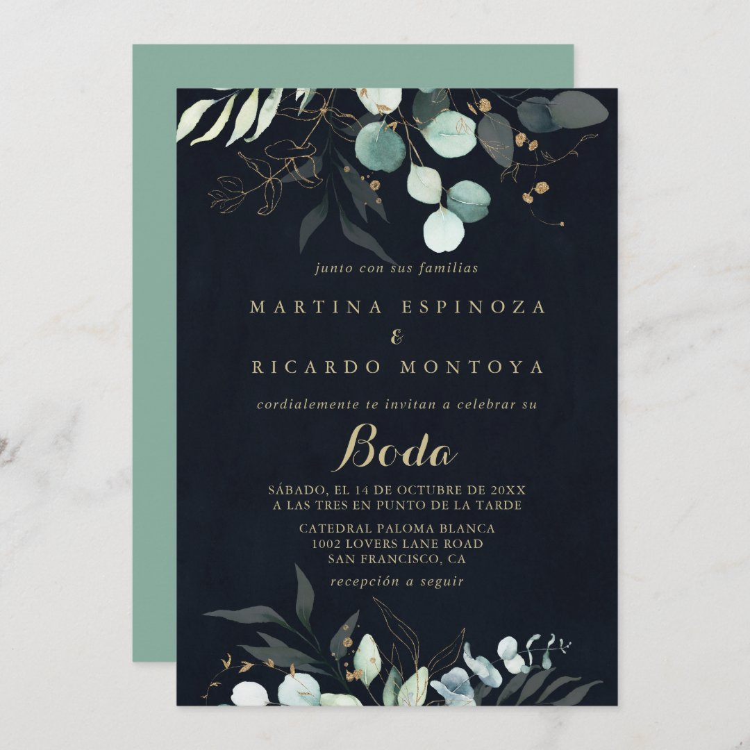 Eucalyptus Gold Floral Blue Spanish Wedding Invitation | Zazzle