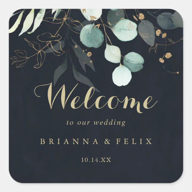 Eucalyptus Gold Floral Blue Wedding Welcome Square Sticker | Zazzle