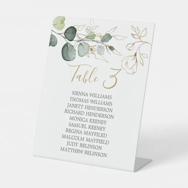 Eucalyptus Gold Floral Seating Chart Table Numbers Pedestal Sign | Zazzle