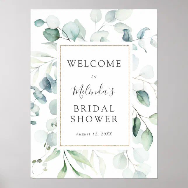 Eucalyptus Gold Frame Bridal Shower Welcome Sign | Zazzle