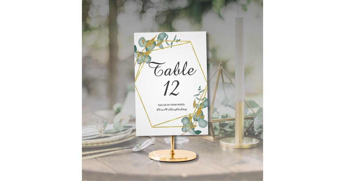 Eucalyptus Gold Glitter Foliage Wedding Hashtag Table Number | Zazzle