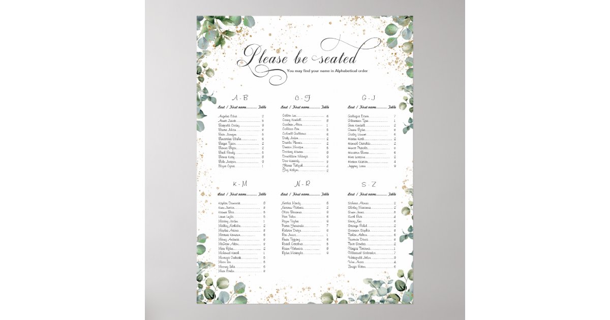 Eucalyptus Gold Glitter - Green Wedding charts | Zazzle