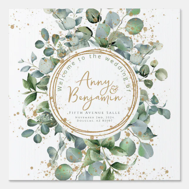 Eucalyptus gold glitter yard wedding welcome sign | Zazzle