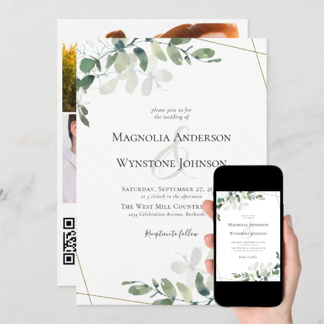 Eucalyptus Gold Photo QR Code Itinerary Wedding Invitation | Zazzle