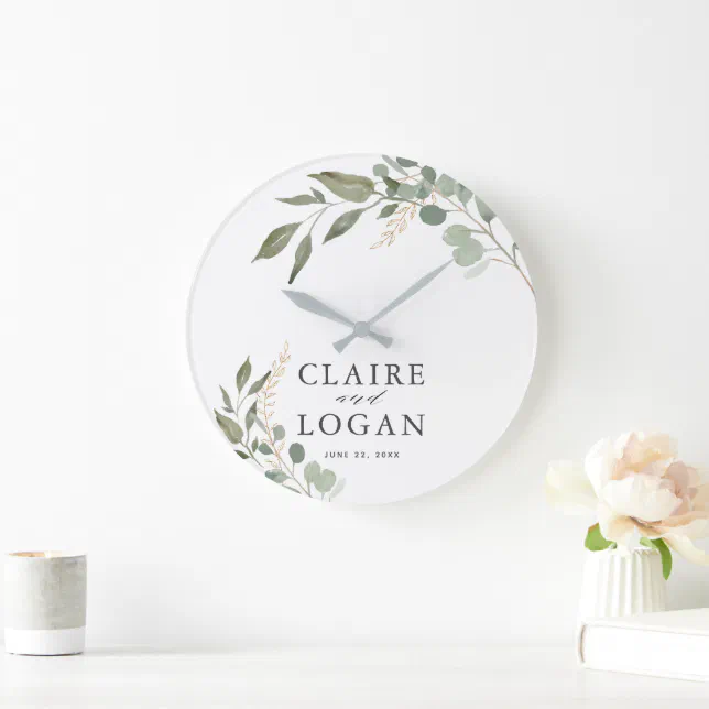 Eucalyptus Gold Sage Green Wedding Large Clock | Zazzle