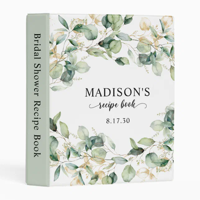 Eucalyptus Gold Watercolor Bridal Shower Recipe Mini Binder | Zazzle