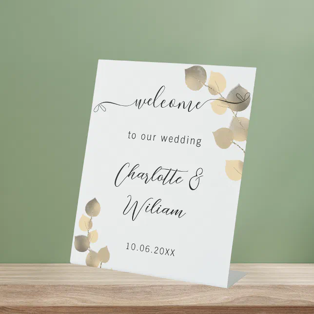 Eucalyptus golden wedding welcome pedestal sign | Zazzle