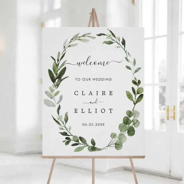Eucalyptus Green Foliage Wreath Wedding Welcome Poster | Zazzle