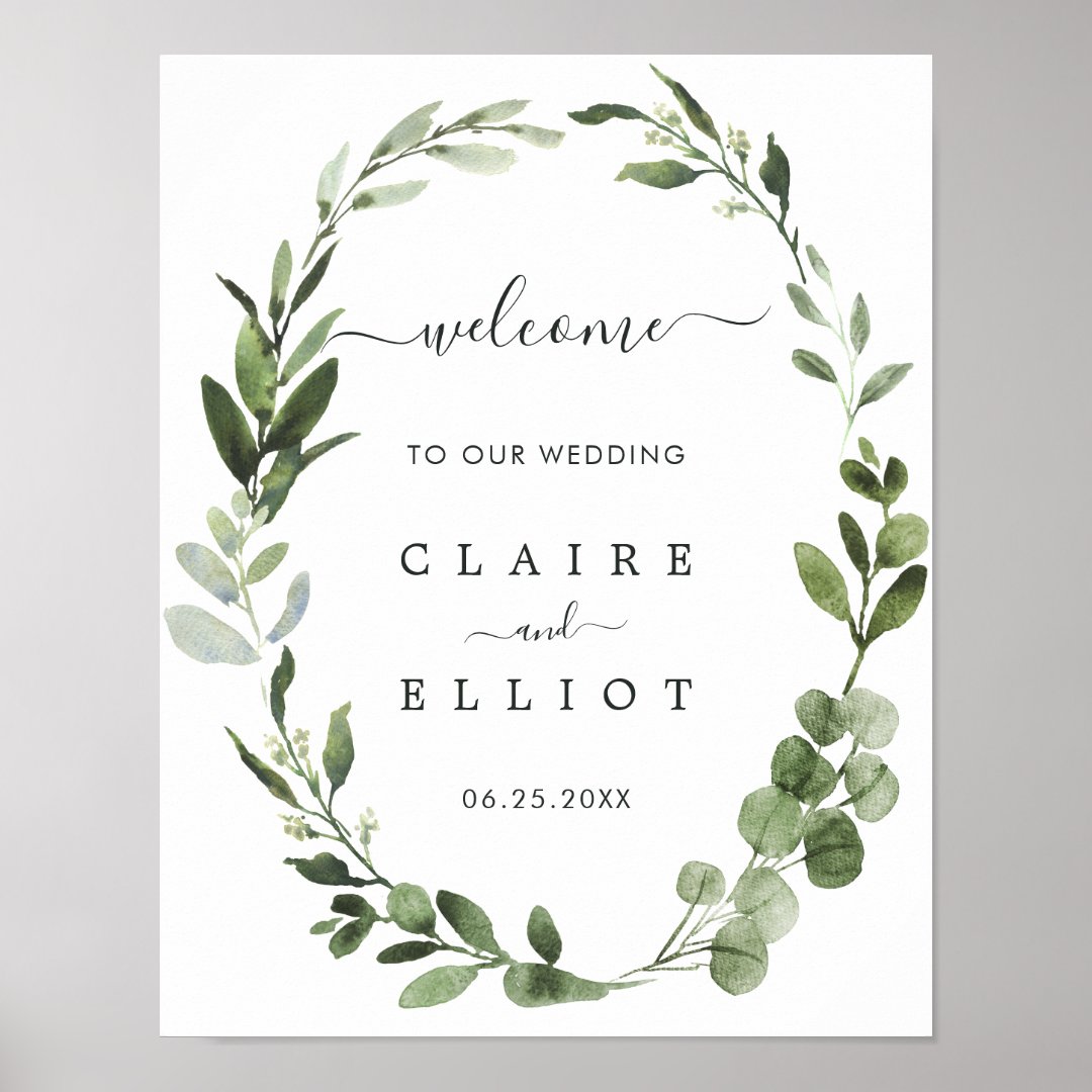Eucalyptus Green Foliage Wreath Wedding Welcome Poster | Zazzle