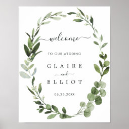 Eucalyptus Green Foliage Wreath Wedding Welcome Poster | Zazzle