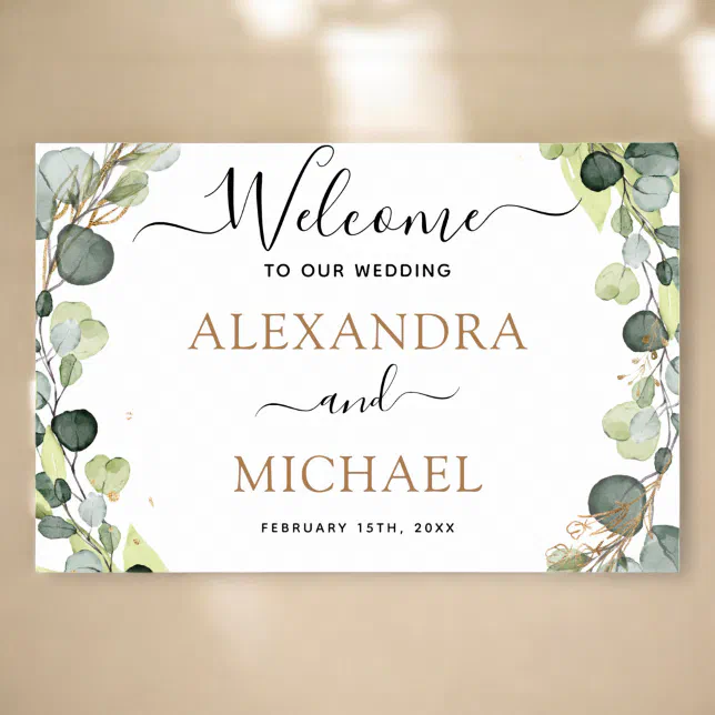 Eucalyptus Green Gold Foil Wedding Welcome Sign | Zazzle