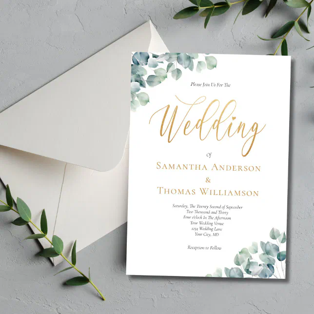 Eucalyptus Green Gold Script Elegant Wedding Invitation | Zazzle