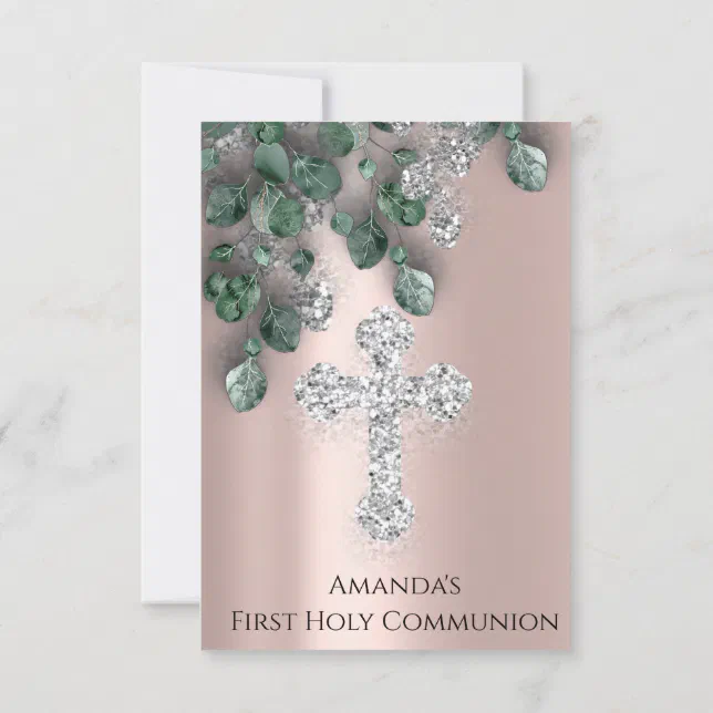 Eucalyptus Green Silver First Holy Communion Invitation | Zazzle