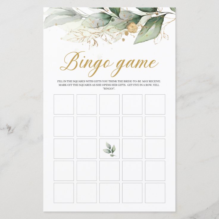 Eucalyptus greenery bridal shower bingo game | Zazzle