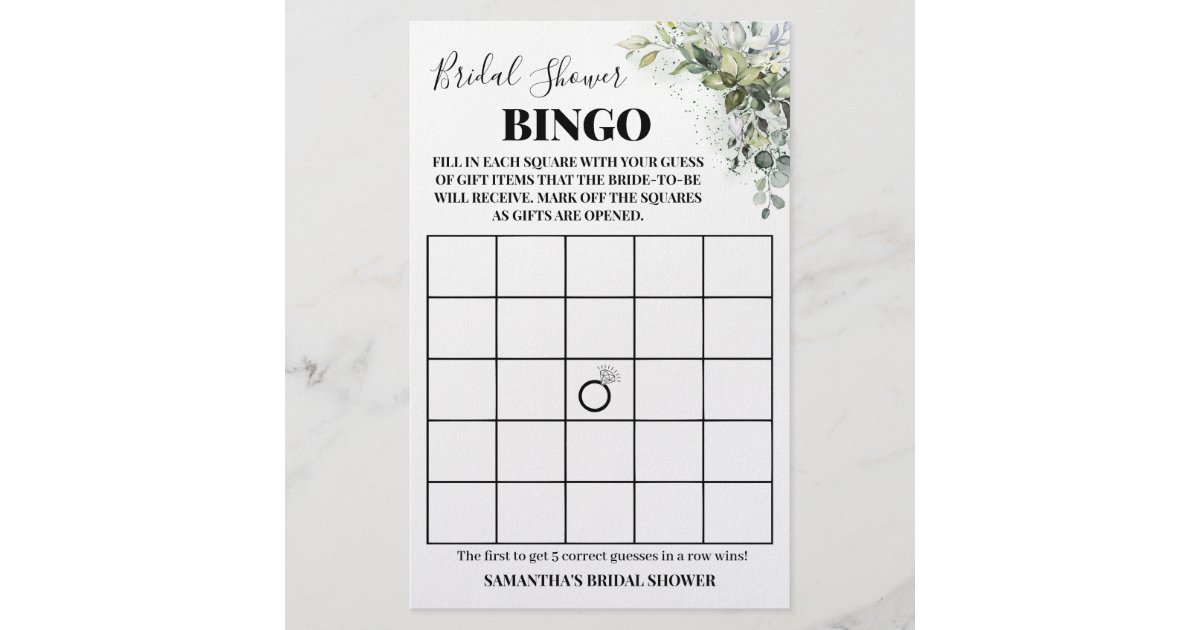 Eucalyptus Greenery Bridal Shower Bingo Game Card Flyer | Zazzle