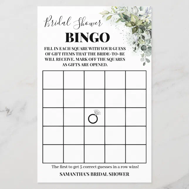 Eucalyptus Greenery Bridal Shower Bingo Game Card Flyer | Zazzle
