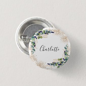 Eucalyptus greenery glitter name tag button | Zazzle