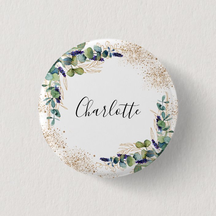 Eucalyptus greenery glitter name tag button | Zazzle.com