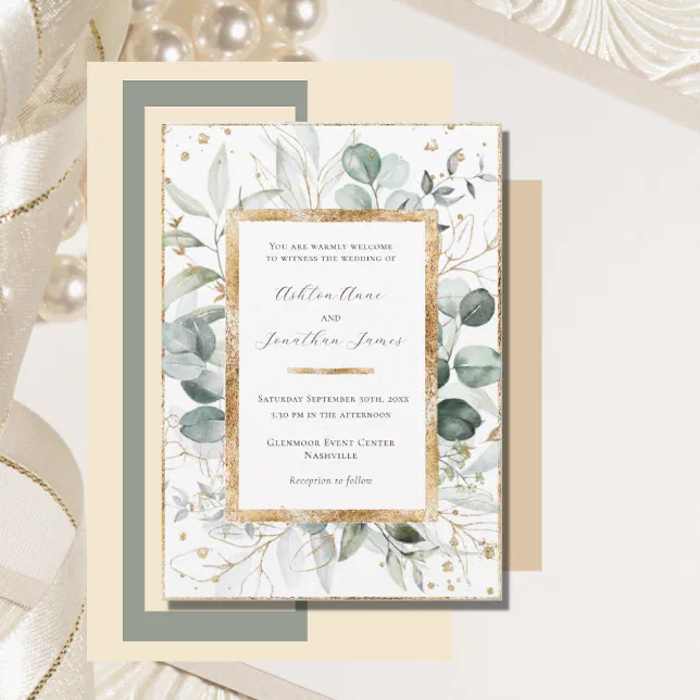 Eucalyptus Greenery Gold Elegant Wedding Invitation | Zazzle