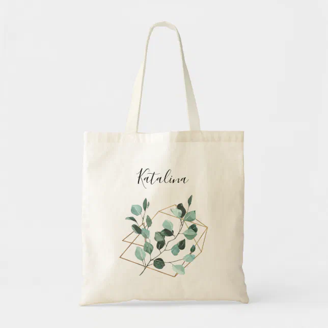 Eucalyptus Greenery & Gold Frame & Name Tote Bag | Zazzle