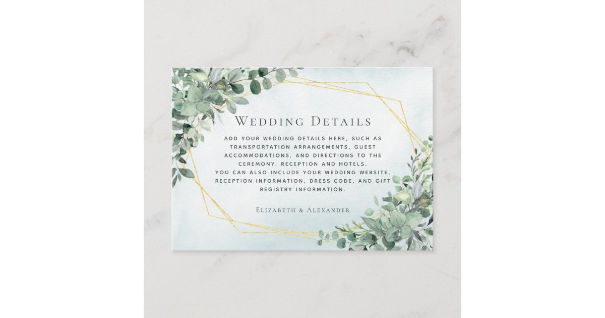 Eucalyptus Greenery Gold Geometric Wedding Details Enclosure Card | Zazzle
