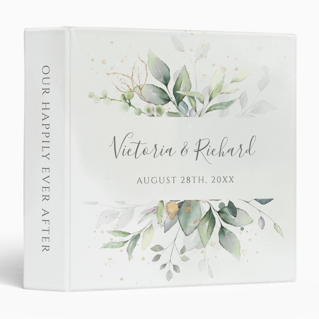 Eucalyptus Greenery Gold Leaves Elegant Wedding 3 Ring Binder | Zazzle