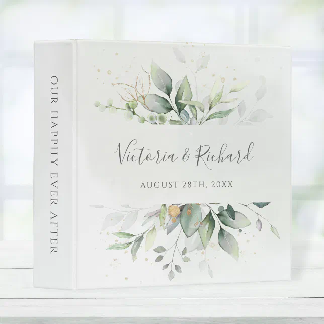 Eucalyptus Greenery Gold Leaves Elegant Wedding 3 Ring Binder | Zazzle