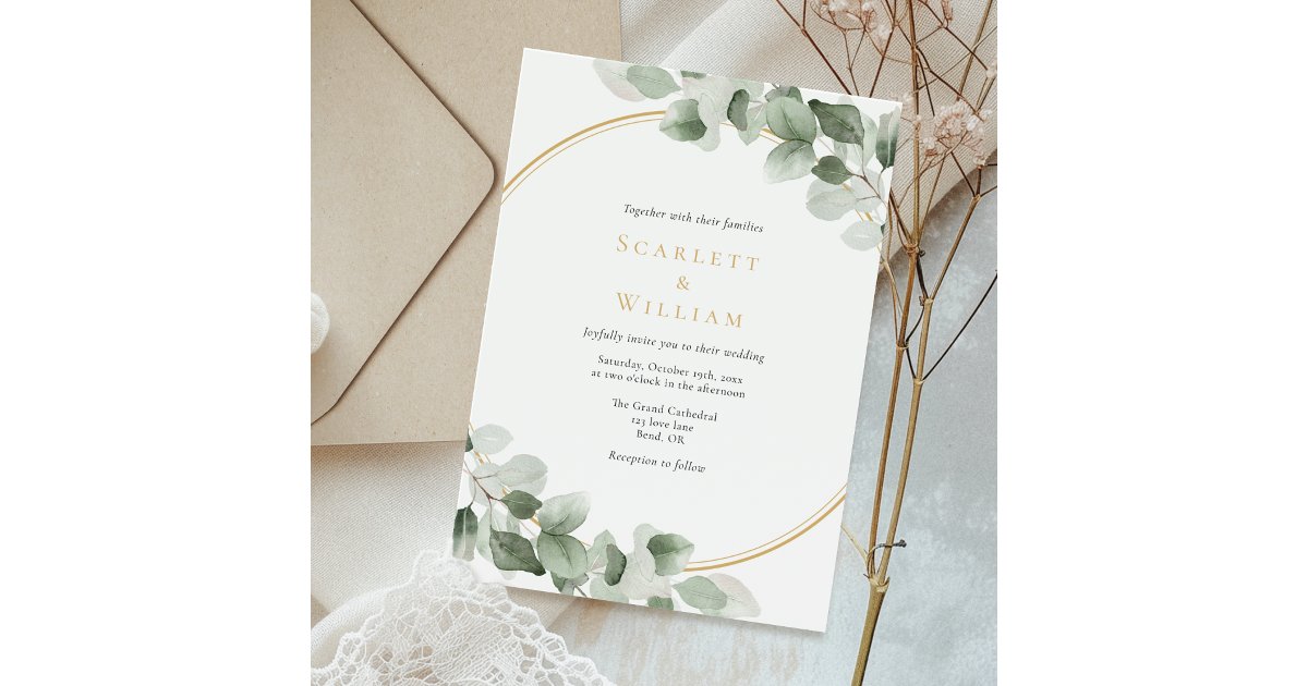 Eucalyptus Greenery Gold Sage Green Modern Wedding Invitation | Zazzle