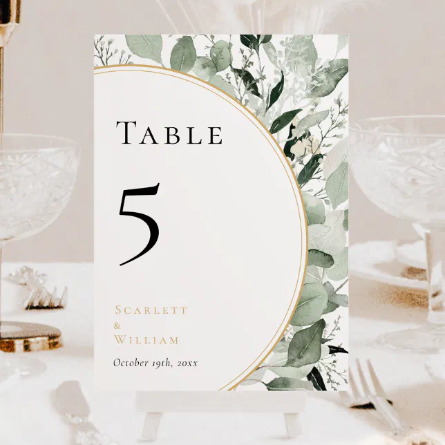 Eucalyptus Greenery Gold Sage Green Wedding Table Number | Zazzle