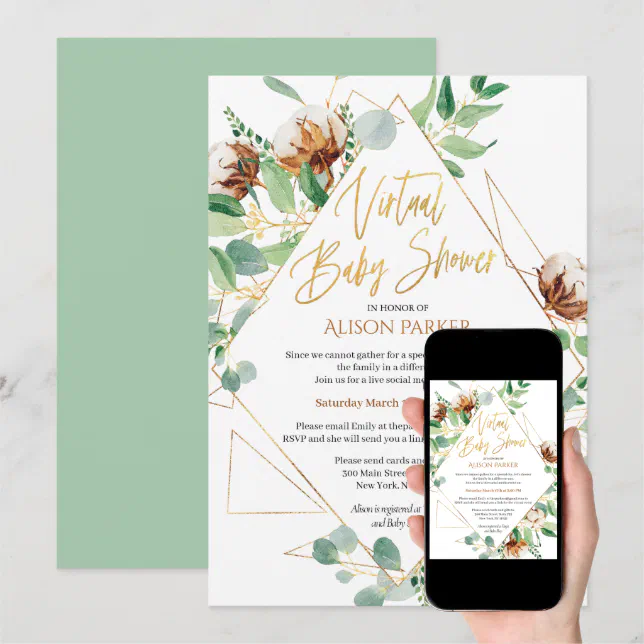 Eucalyptus Greenery Gold Virtual Baby Shower Invitation | Zazzle