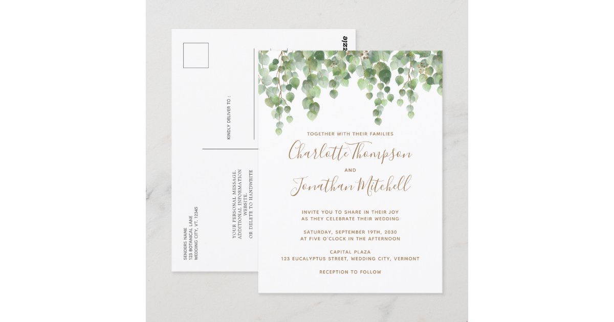 Eucalyptus Greenery Gold Wedding Invitation Postcard | Zazzle