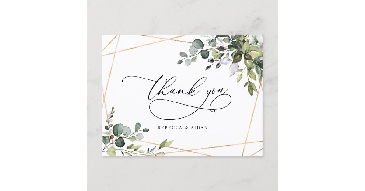 Eucalyptus Greenery Gold Wedding Thank You Postcard | Zazzle