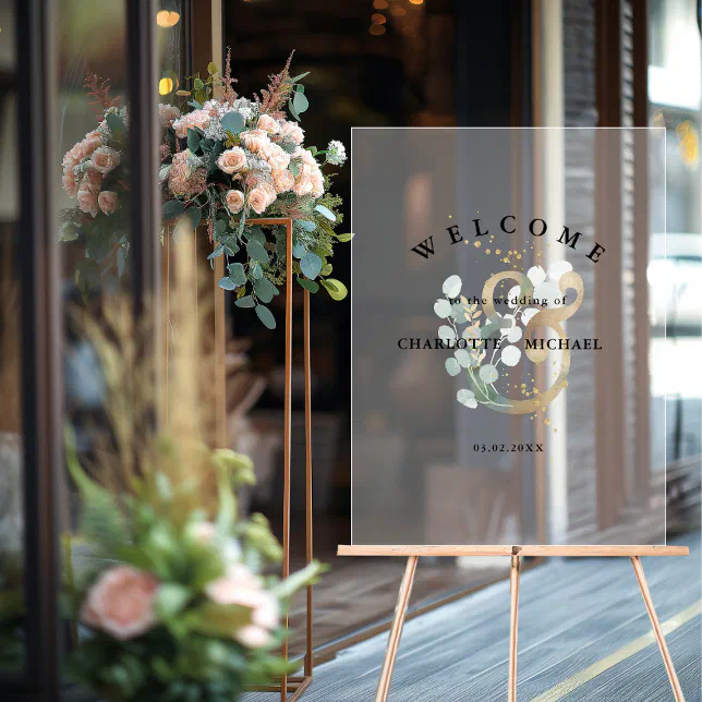 Eucalyptus greenery gold wedding welcome acrylic sign | Zazzle