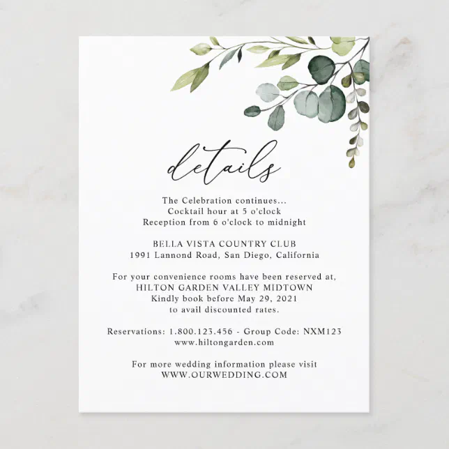 Eucalyptus Greenery Guest Information Details Enclosure Card | Zazzle