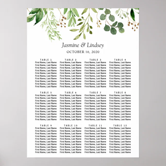 Eucalyptus Greenery Leaves Wedding Seating Chart | Zazzle
