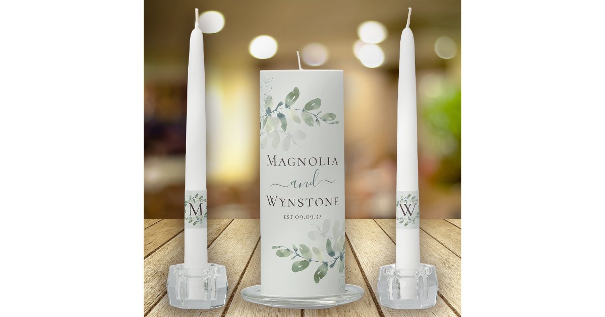Eucalyptus Greenery Monogram Wedding Unity Candle Set | Zazzle