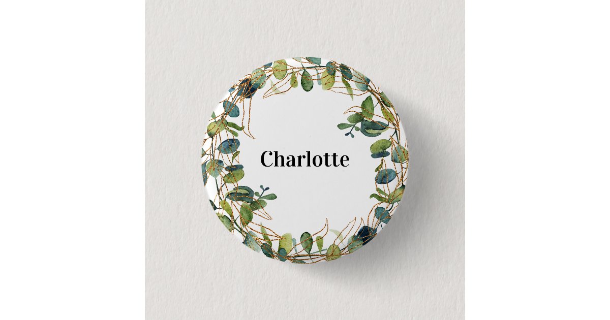 Eucalyptus greenery name tag button | Zazzle