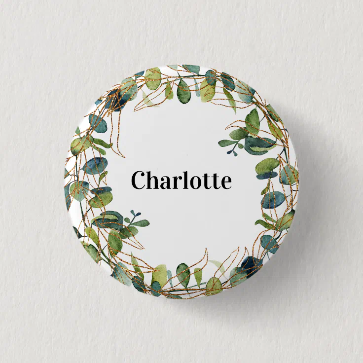 Eucalyptus greenery name tag button | Zazzle