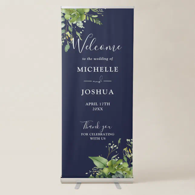 Eucalyptus Greenery Navy Blue Wedding Welcome Retractable Banner | Zazzle