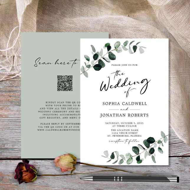 Eucalyptus Greenery QR Code Calligraphy Wedding Invitation | Zazzle