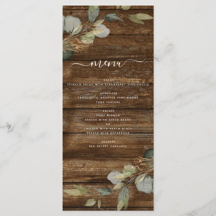 Eucalyptus Greenery Rustic Wood Country Menu | Zazzle.com
