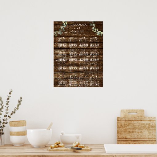 Eucalyptus Greenery Rustic Wood Wedding Seating Poster | Zazzle