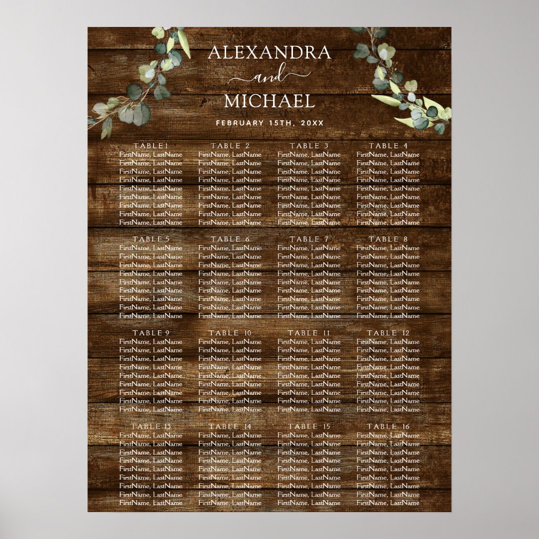 Eucalyptus Greenery Rustic Wood Wedding Seating Poster | Zazzle