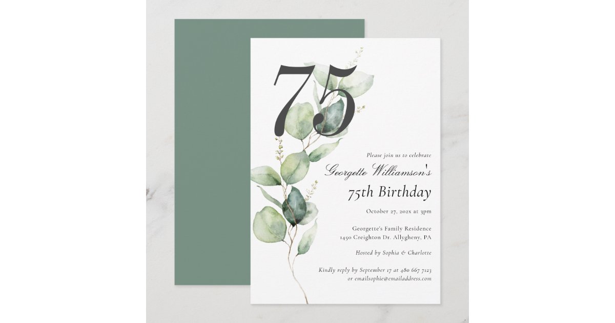 Eucalyptus Greenery Script 75th Birthday Invitation | Zazzle