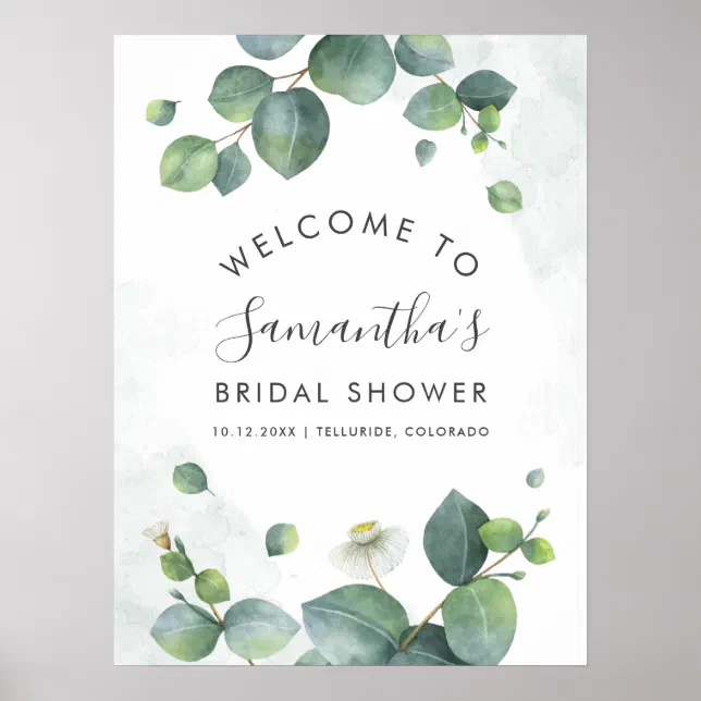 Eucalyptus Greenery Script Name Bridal Shower Poster | Zazzle