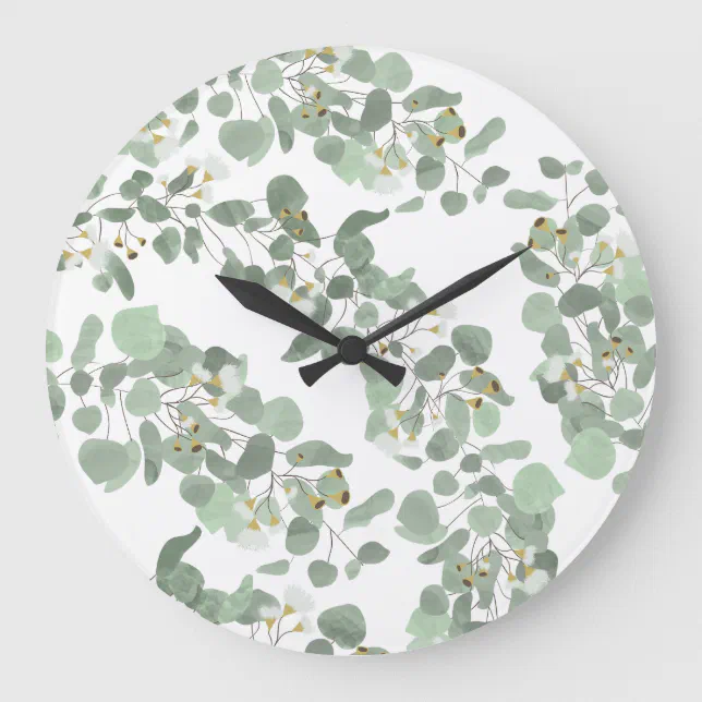 Eucalyptus Greenery Silver Dollar Gum Blossoms Large Clock | Zazzle